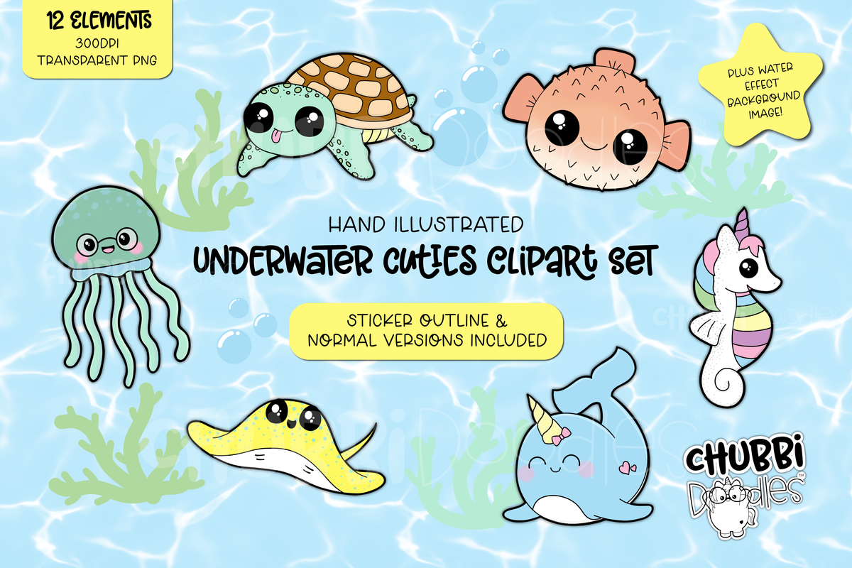 Underwater Cuties Clipart Set - Stickers - PNG Kawaii Sea – Ink Paper ...